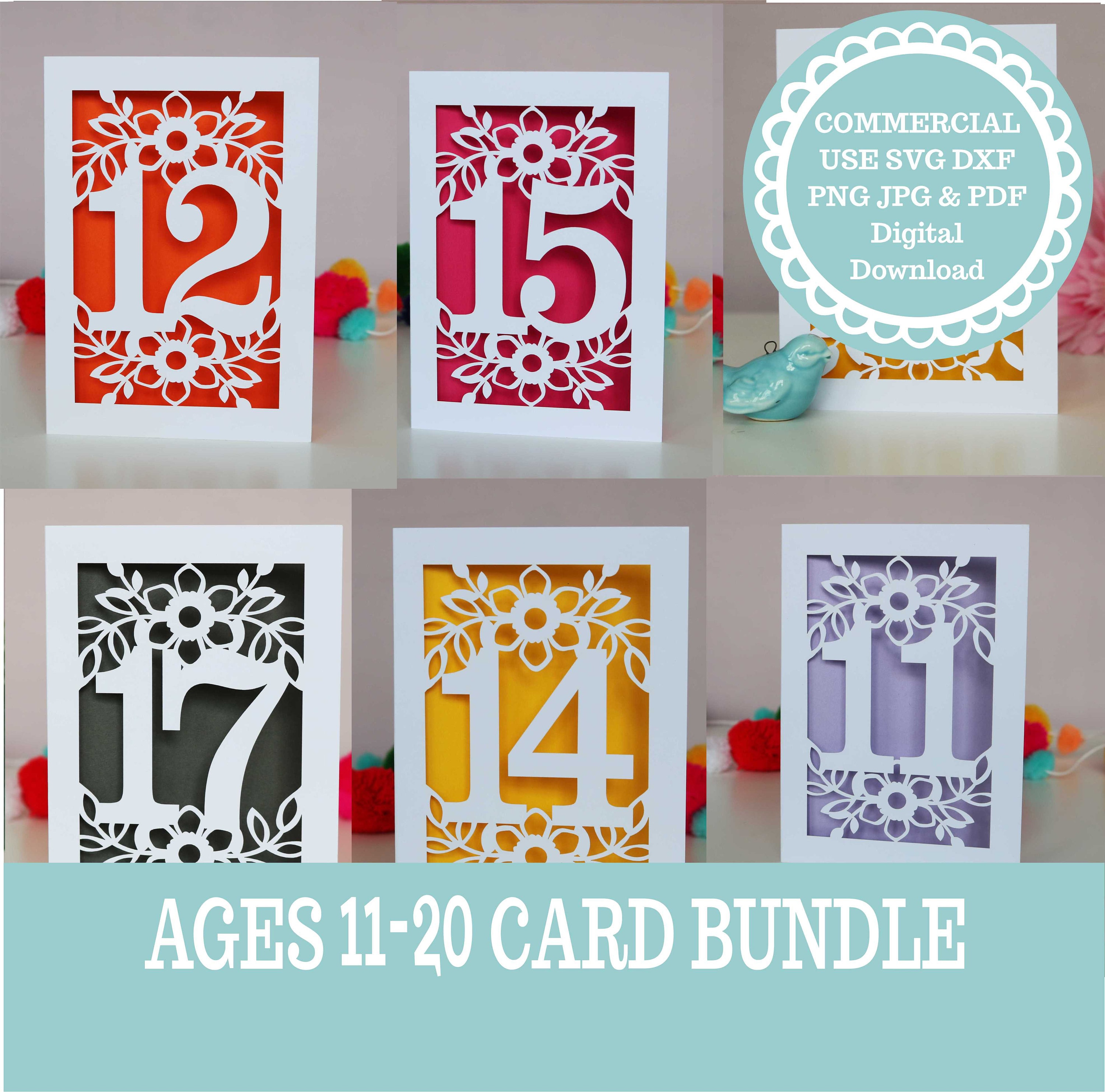 COMMERCIAL USE BUNDLE Teenage Birthday Card Papercut Templates, 11-20 ...