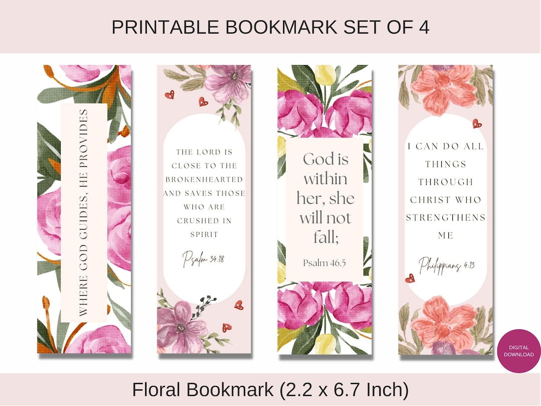Printable Floral Bookmarks Set of 4 Printable Bookmarks Bible Verse ...