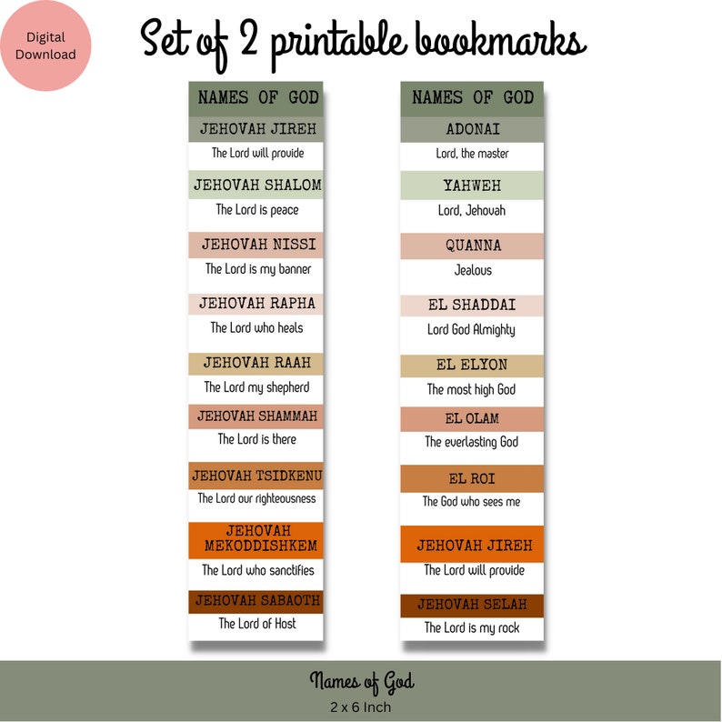 Printable Bible Bookmarks Names of God Set of 2 Printable Book Marks ...
