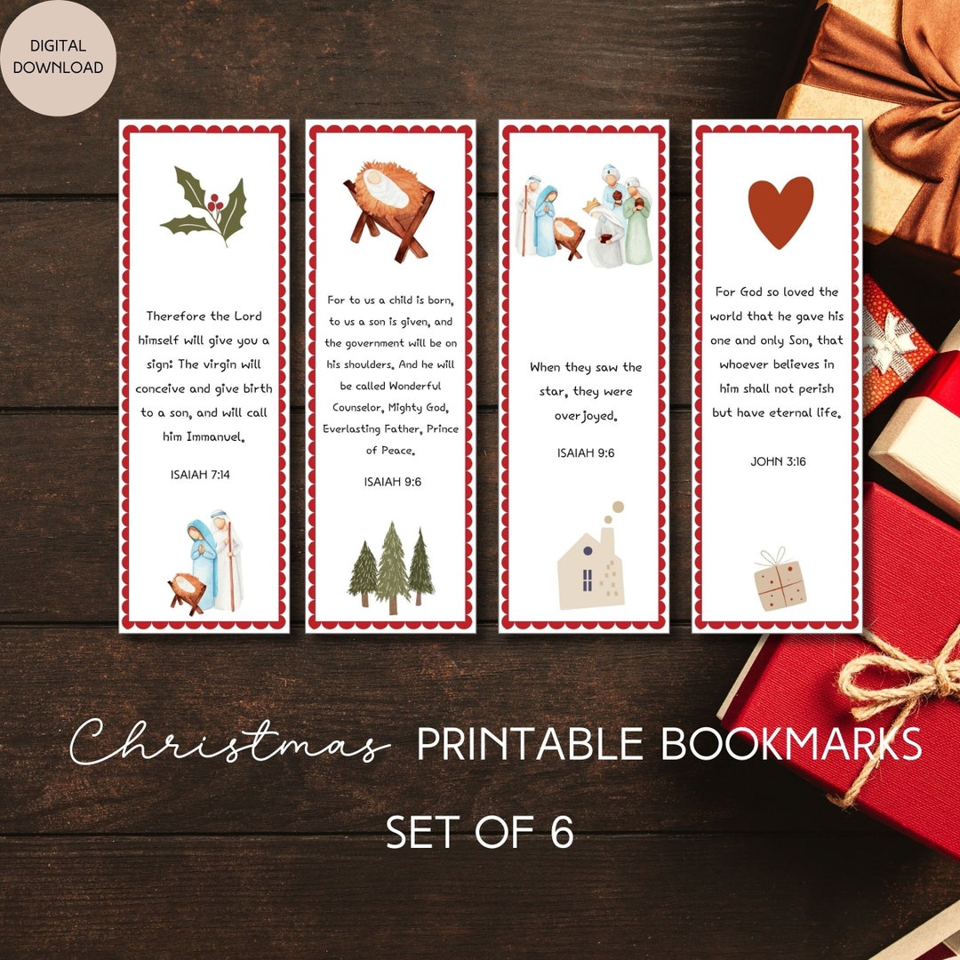 Christmas Printable Bookmarks Set of 6, Digital Download Book Marks ...