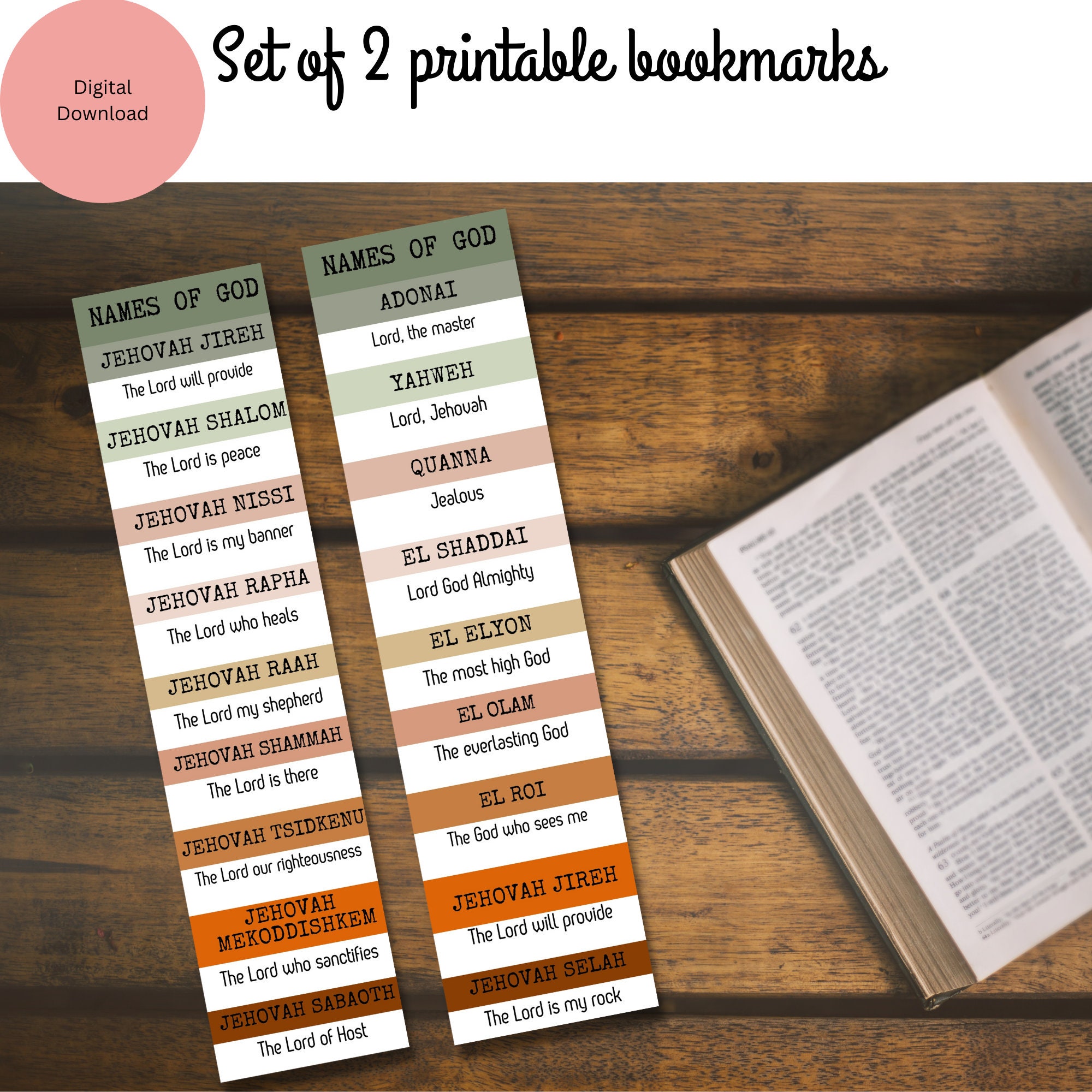 Printable Bible Bookmarks Names of God Set of 2 Printable Book Marks ...