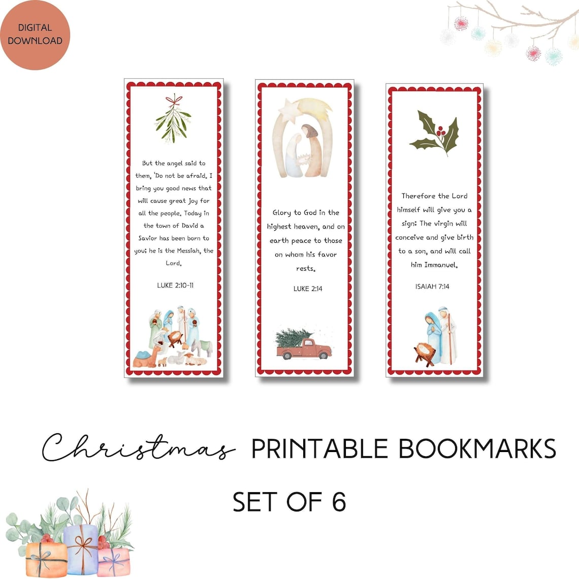 Christmas Printable Bookmarks Set of 6, Digital Download Book Marks ...