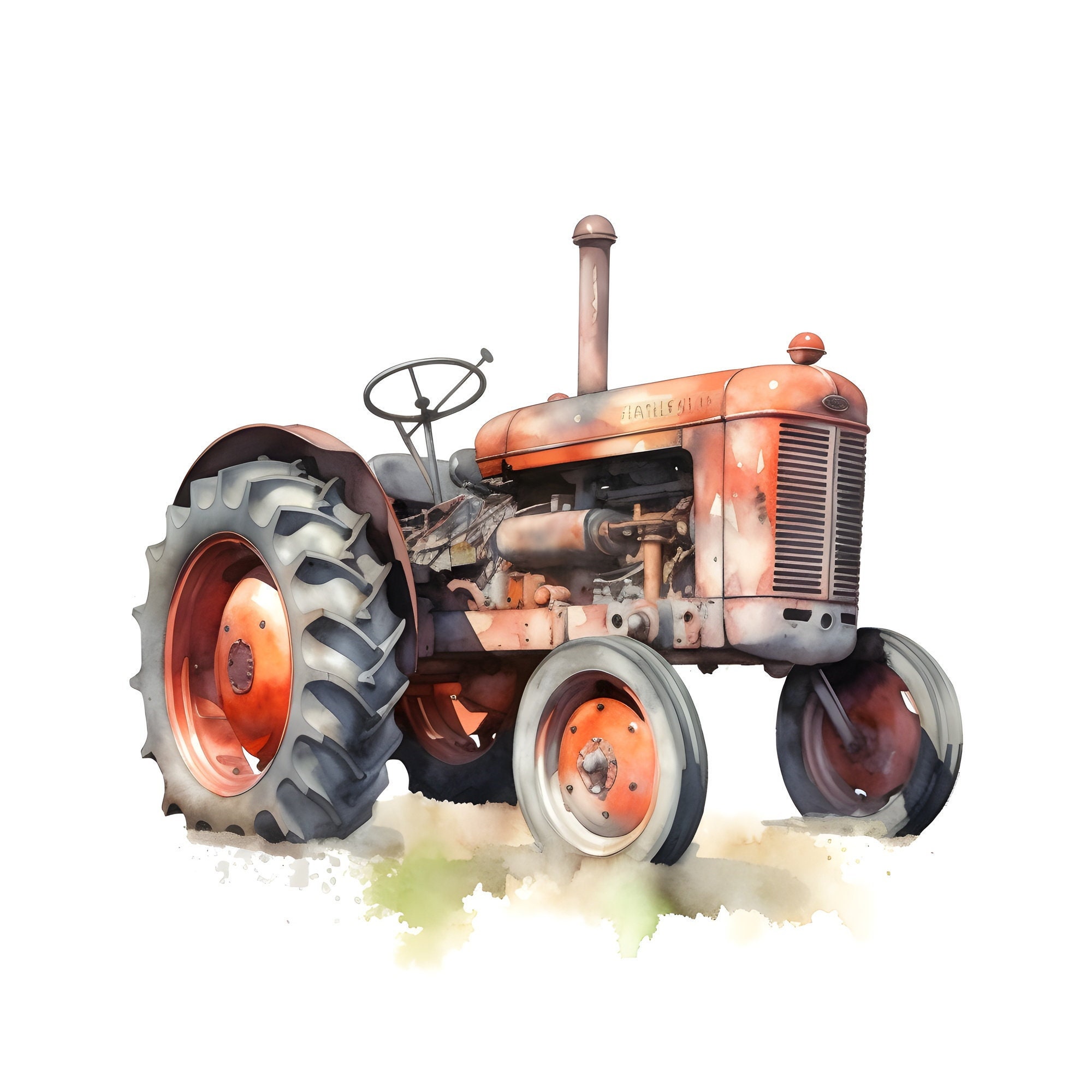 Watercolor Classic Tractor Art Prints Set of 6, Orange Farm Equipment ...