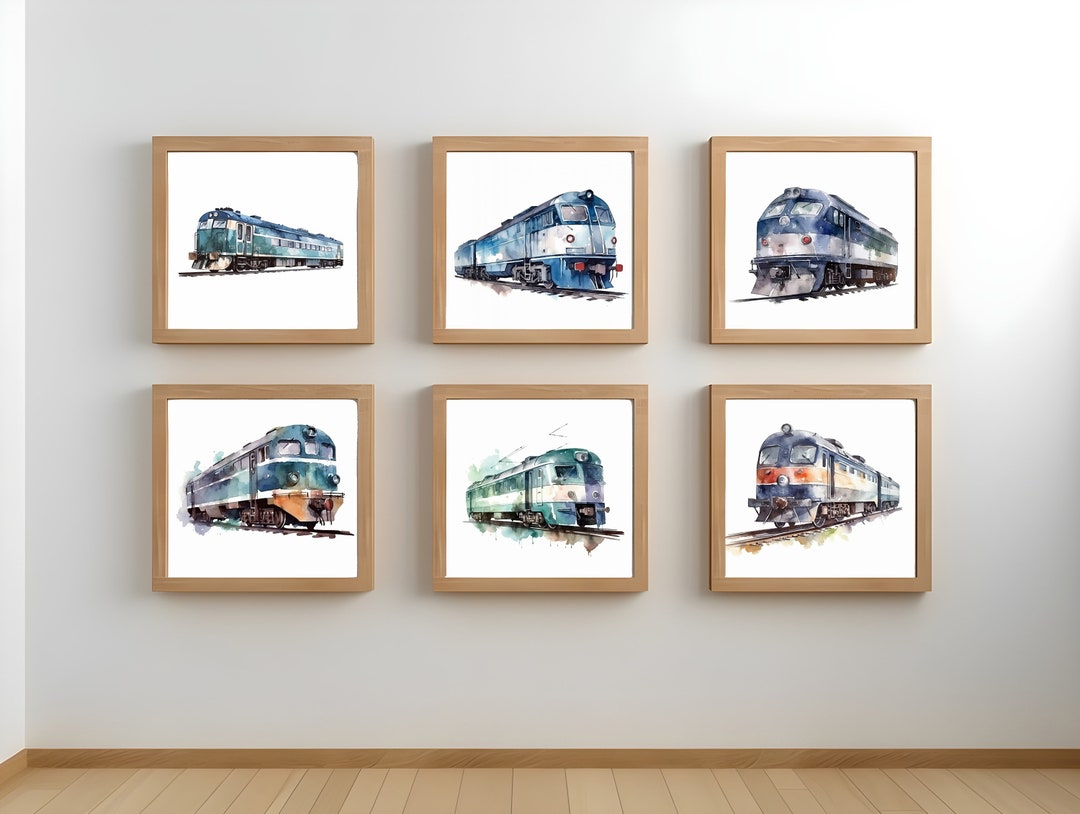Blue Watercolor Classic Trains Art Prints - Set of 6, Bullet Engines ...