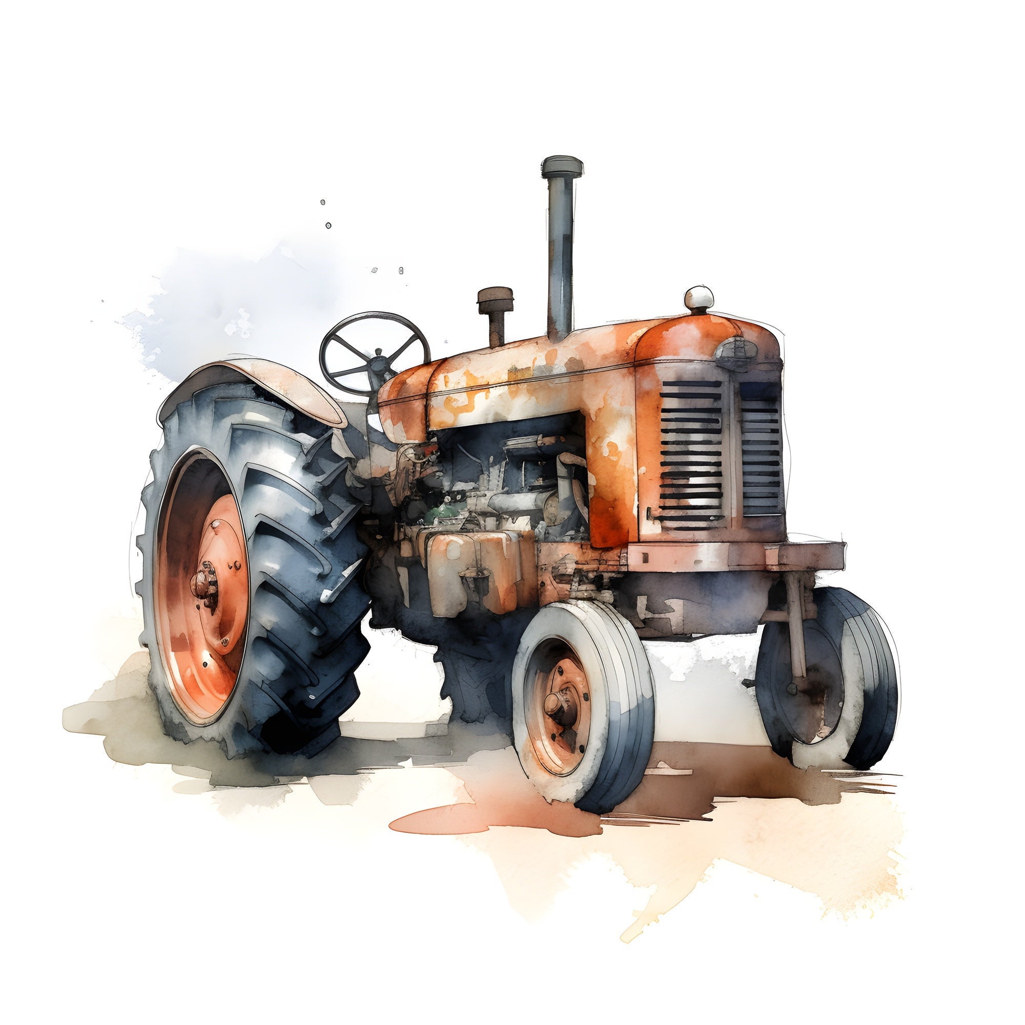 Watercolor Classic Tractor Art Prints Set of 6, Orange Farm Equipment ...
