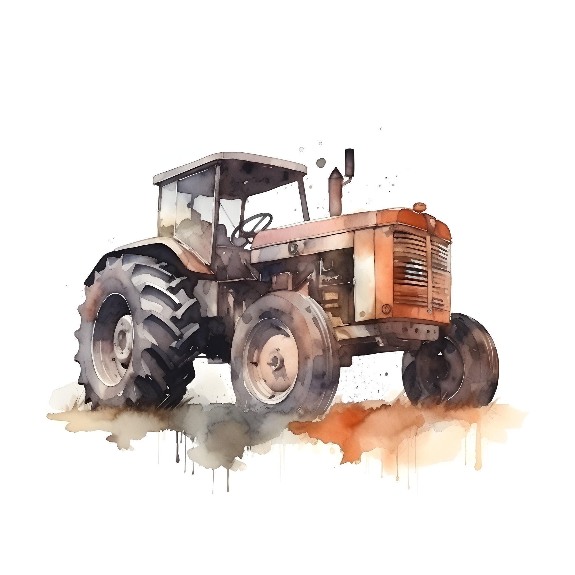 Watercolor Classic Tractor Art Prints Set of 6, Orange Farm Equipment ...