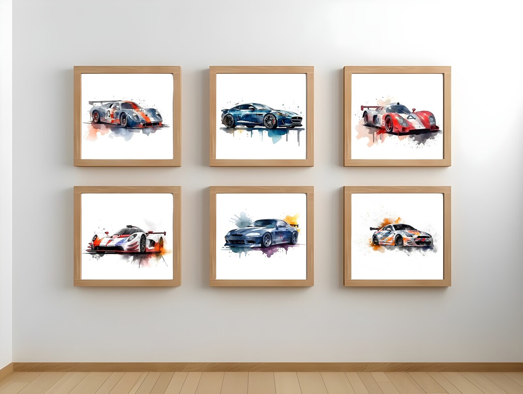 Watercolor Modern Race Car Prints - Set of 6 Nursery Posters Gift, Boy ...
