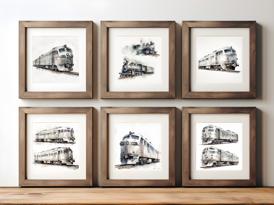 Watercolor Classic White Trains Art Prints - Set of 6, Locomotive ...
