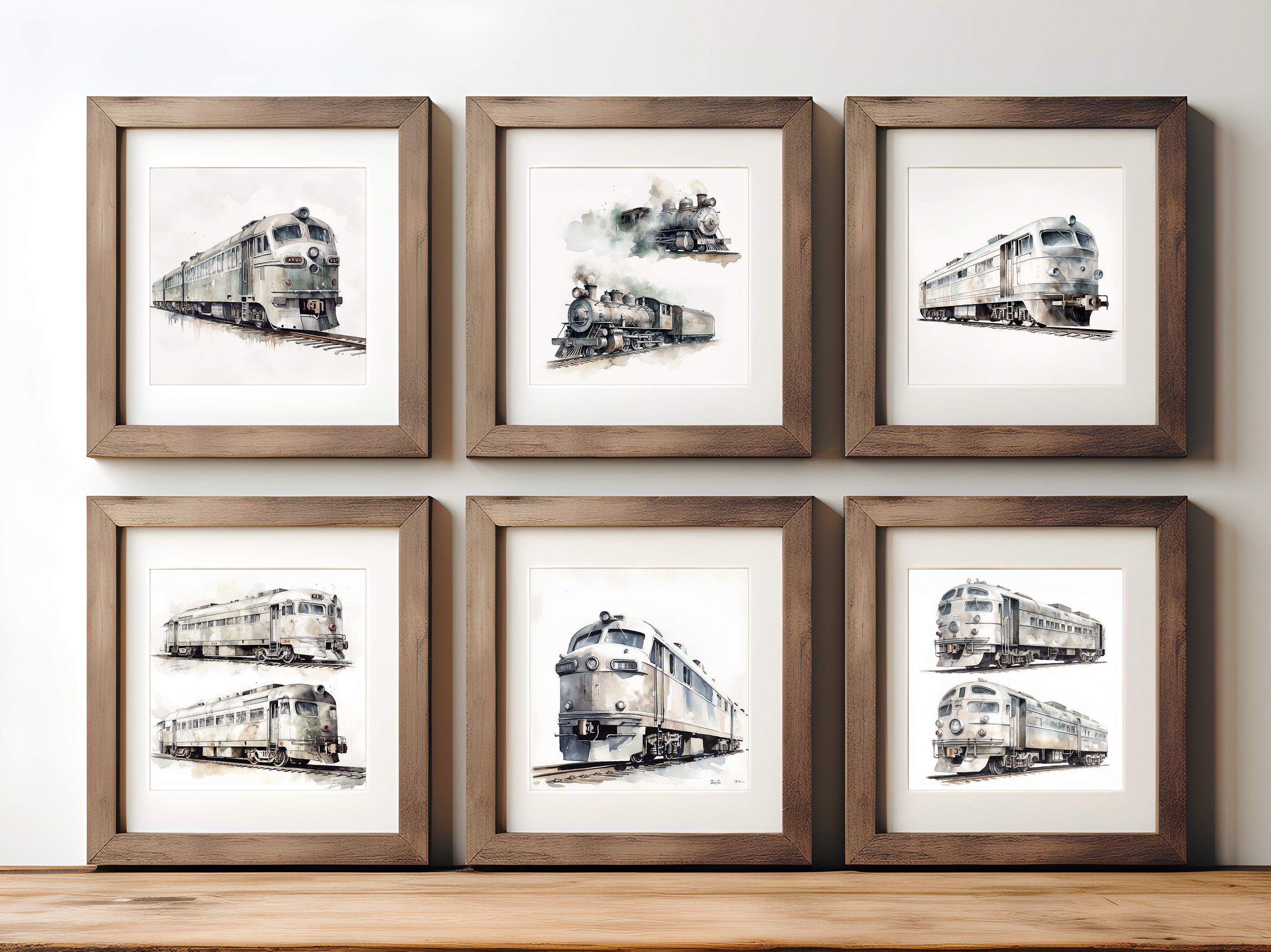 Watercolor Classic White Trains Art Prints - Set of 6, Locomotive ...