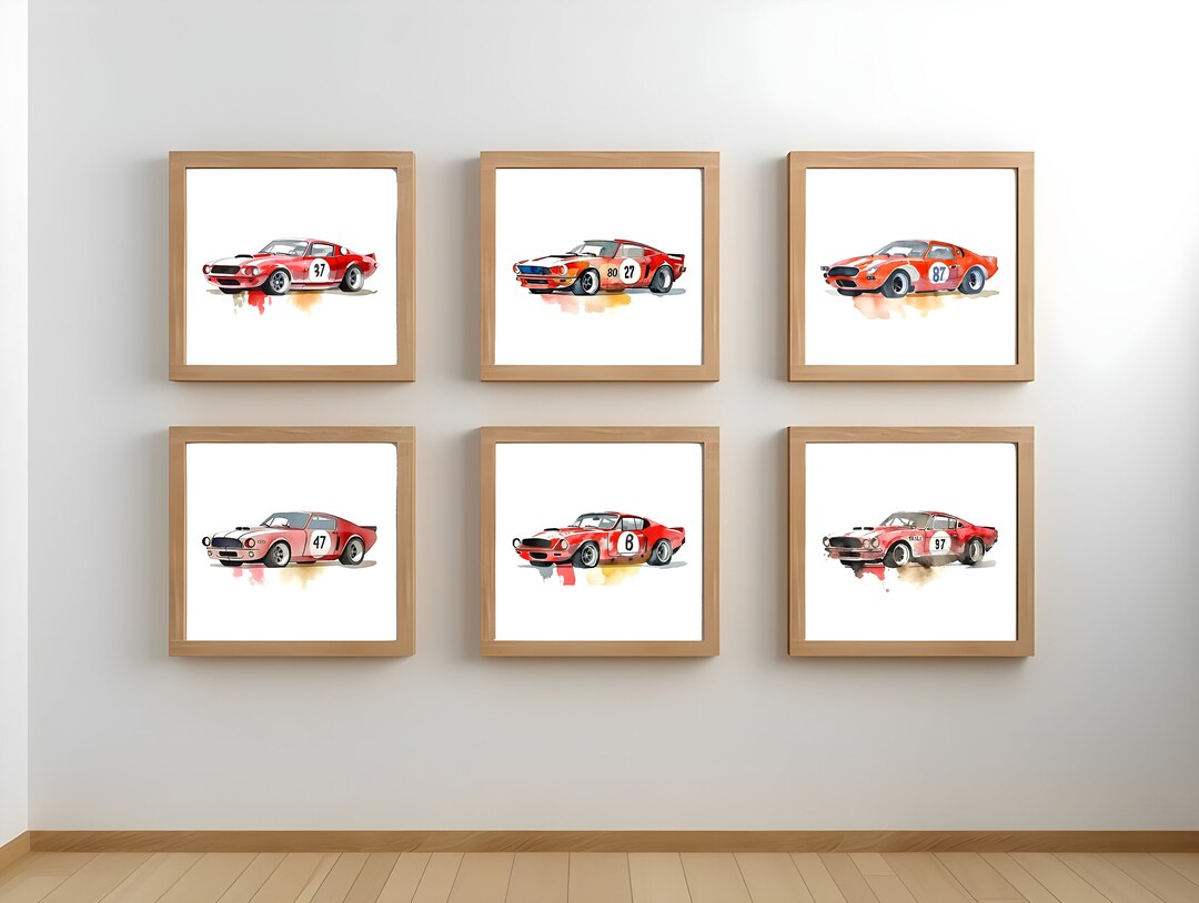 Watercolor Classic Cars Art Prints - Set of 6 Red Race Car Posters, Boy ...