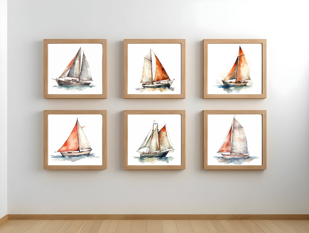 Watercolor Sailboat Art Prints Set of 6, Orange Printable Paintings ...