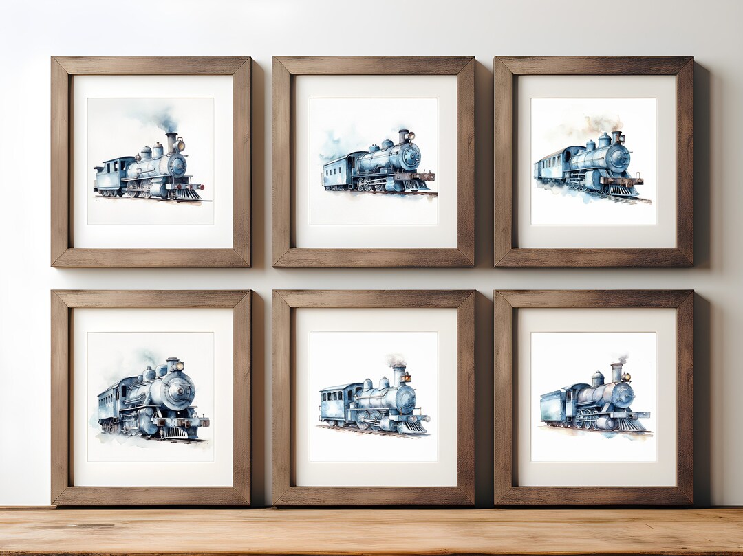 Watercolor Classic Light Blue Trains Art Prints Set of 6 - Etsy