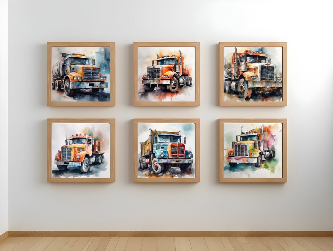 Watercolor Classic Work Trucks - Set of 6, Car Poster, Boy Kids Room ...