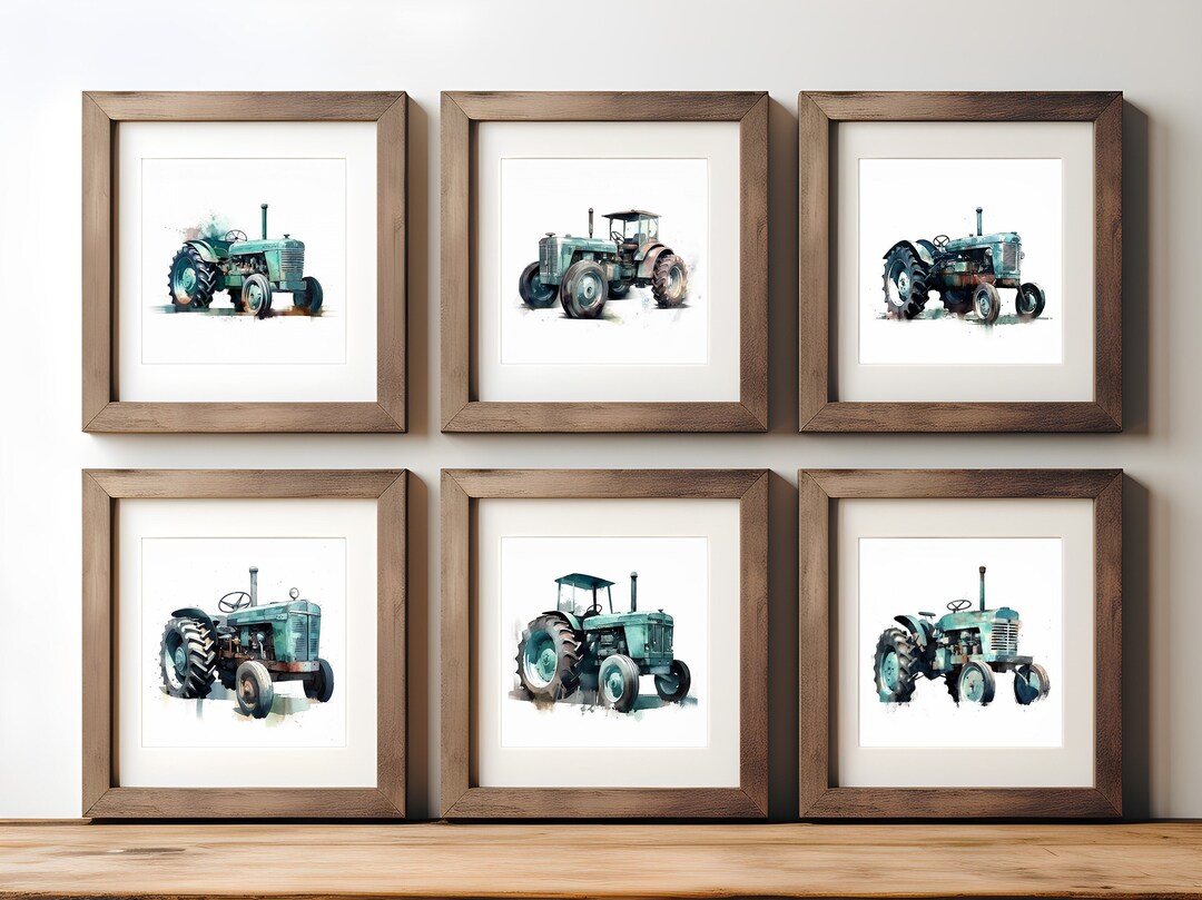 Watercolor Classic Tractor Art Prints - Set of 6, Blue Farm Equipment ...