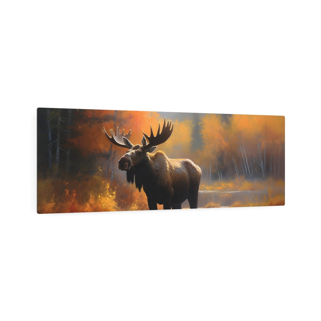 Wild Moose Traditional Oil Painting | Metal Art Sign | Large 36x12 Inch ...