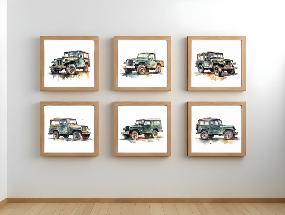 Green Watercolor Jeep Prints - Set of 6, Boy Kids Room - Print at Home ...