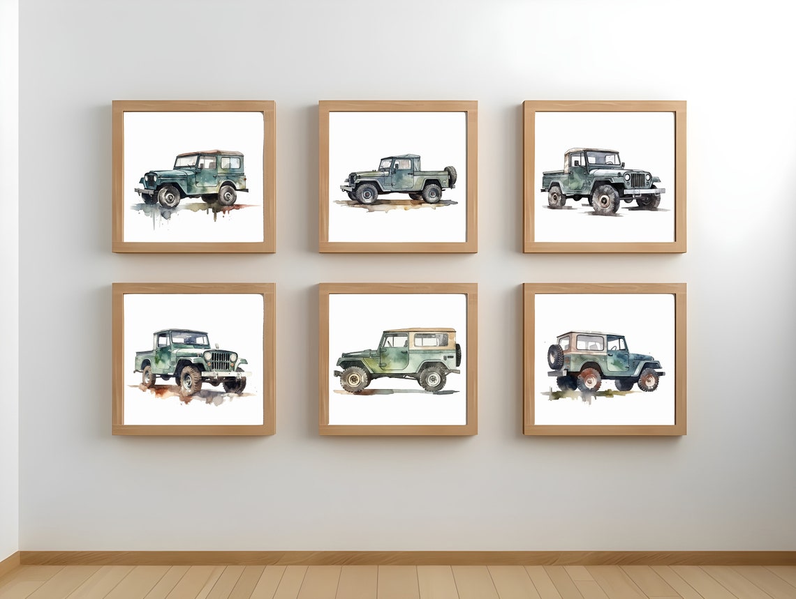 Watercolor Vintage Green Jeep Prints - Set of 6, Nursery Posters, Great ...
