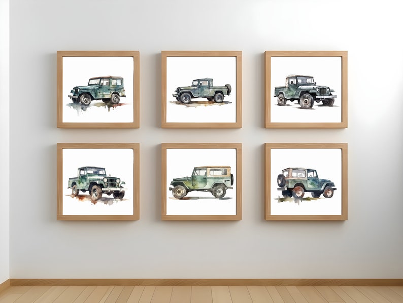Watercolor Vintage Green Jeep Prints - Set of 6, Nursery Posters, Great ...