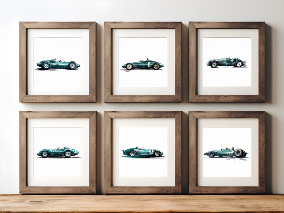 Watercolor Classic Teal Race Car Prints Set of 6 Nursery Posters, Kids ...