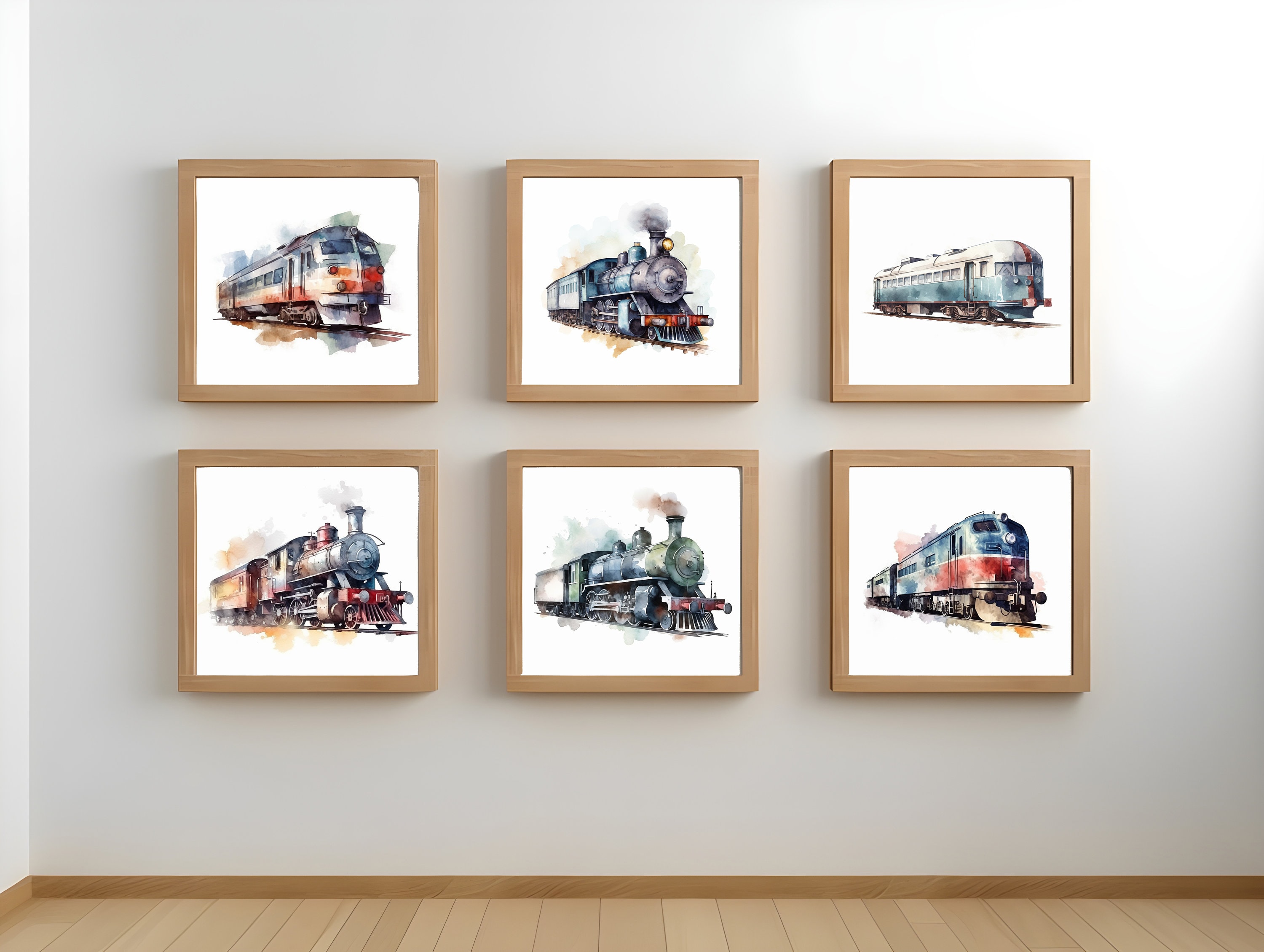 Blue Watercolor Trains Art Prints Set of 6, Locomotive Poster Print ...