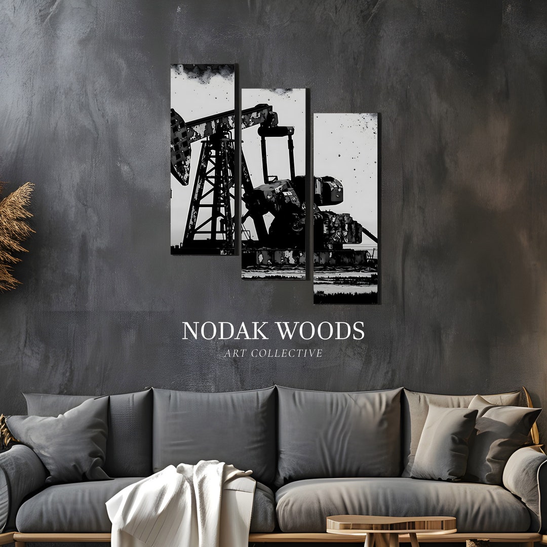 Greyscale Oil Rig | Set of 3 Gallary Canvas Print - Etsy