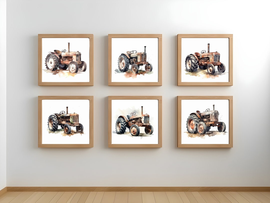 Watercolor Classic Tractor Art Prints - Set of 6, Rusty Farm Equipment ...