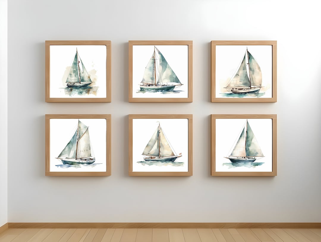Watercolor Sailboat Art Prints - Set of 6, Green Printable Paintings ...