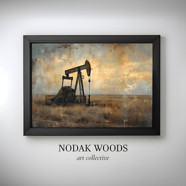 Oil Rig on the Plains Painting | Vintage Landscape Print | LARGE ...