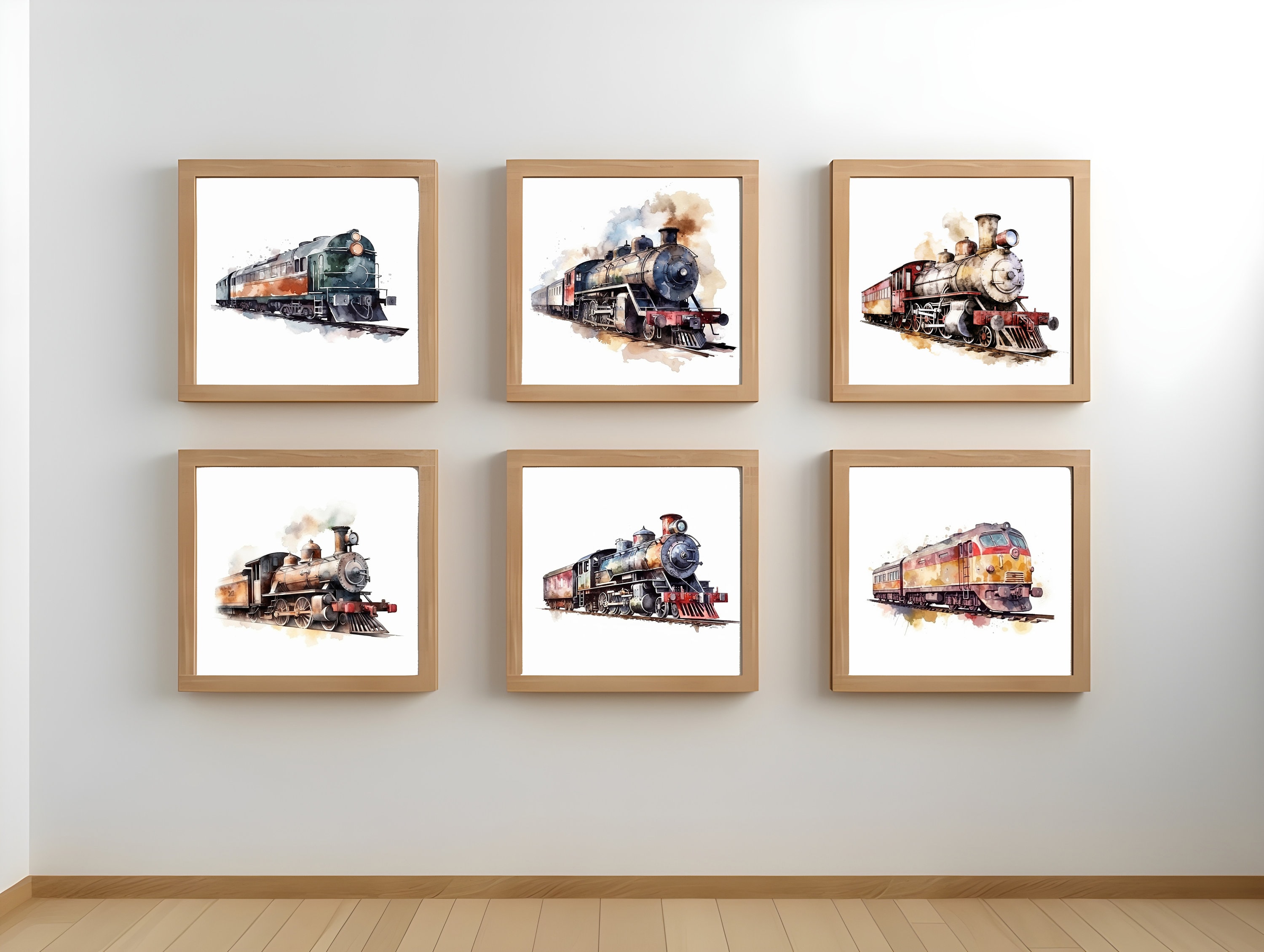 Grey Watercolor Classic Train Art Prints Set of 6, Locomotive Nursery ...