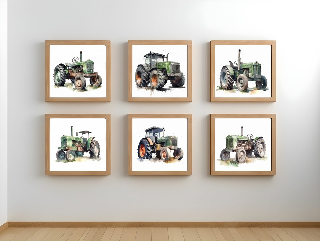 Watercolor Classic Tractor Art Prints - Set of 6, Green Farm Equipment ...