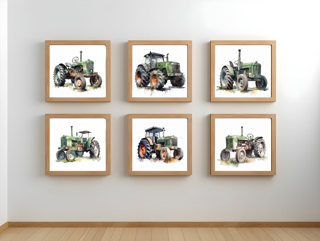 Watercolor Classic Tractor Art Prints - Set of 6, Green Farm Equipment ...