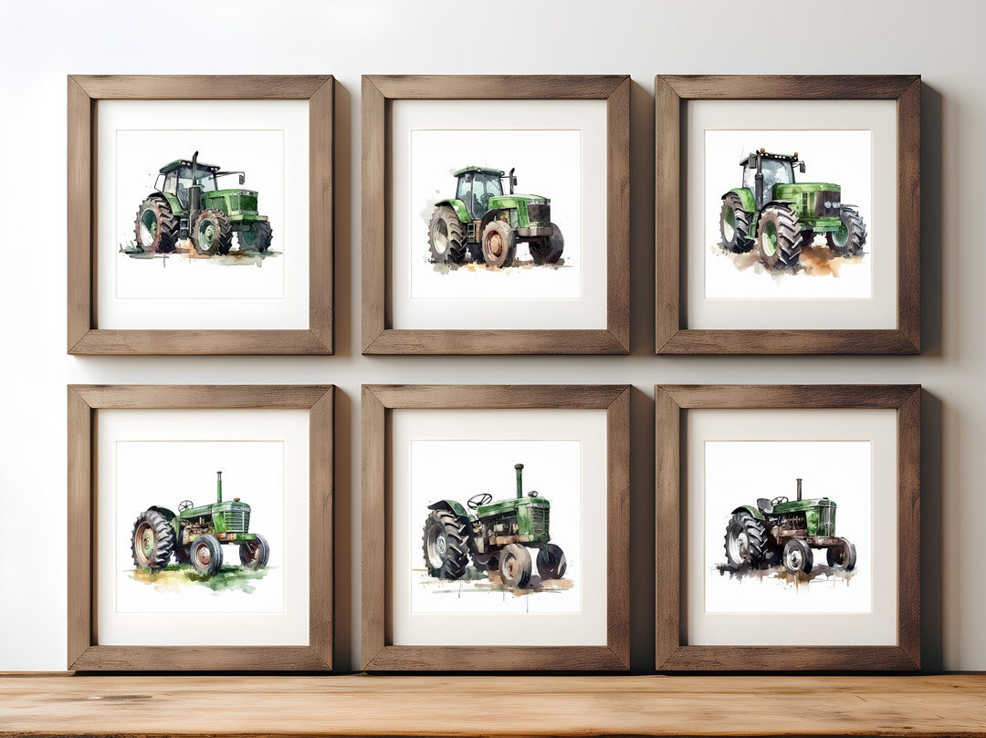Watercolor Classic Tractor Art Prints - Set of 6, Green Farm Equipment ...