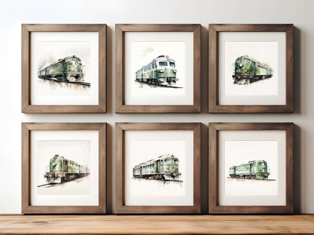 Watercolor Classic Green Trains Art Prints - Set of 6, Locomotive ...
