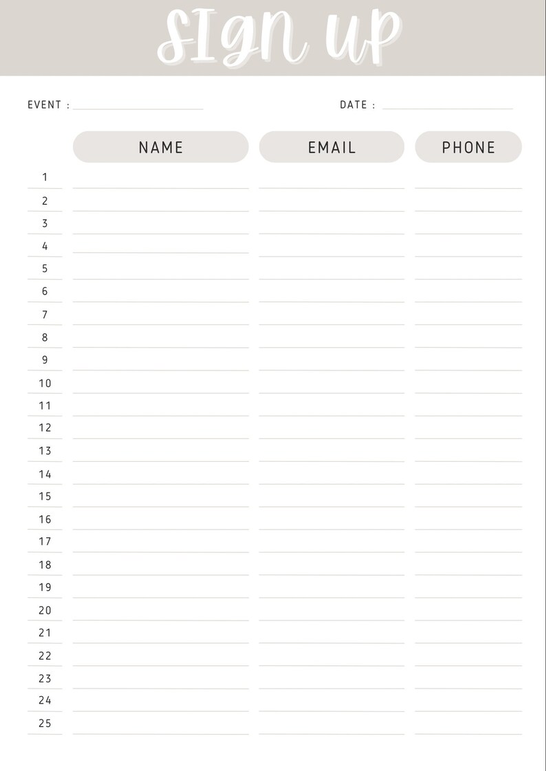 Editable Sign up Sheet. Sign up Sheet Template. Event Sign Up. - Etsy