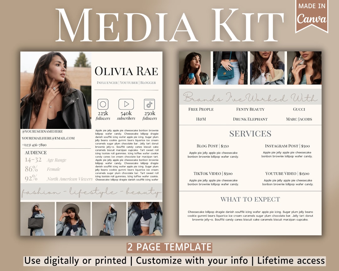 Influencer Media Kit Template | 2 Page Media Kit Template for Canva ...