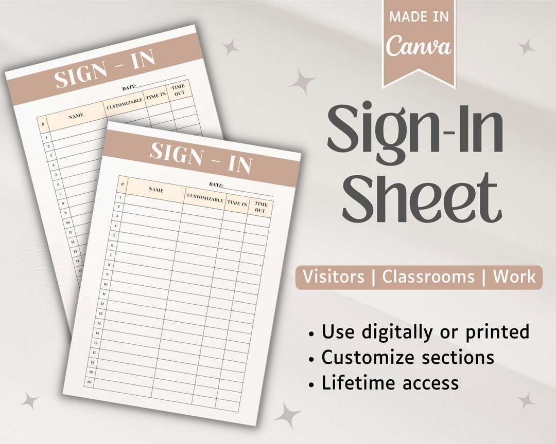 Editable Sign in Sheet, Instant Download, Sign in Sheet, Canva Template ...