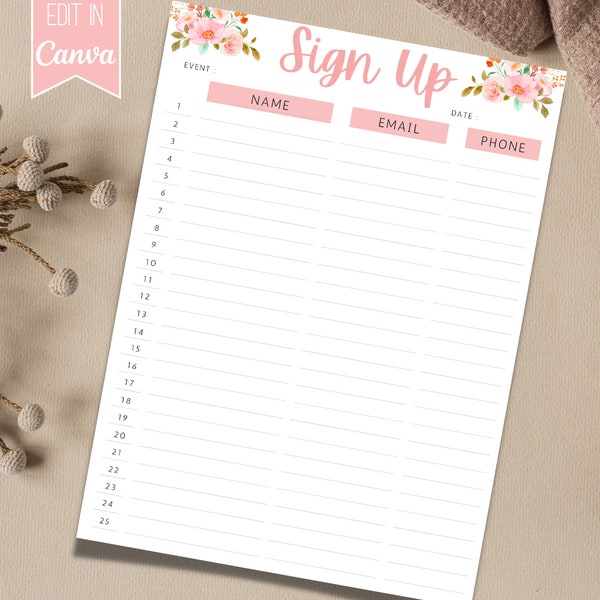 Floral Sign up Sheet Template - Etsy