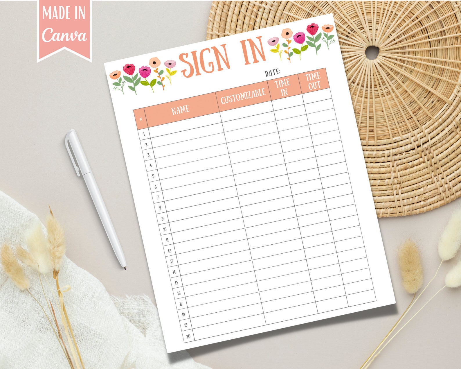 Sign in Sheet Template Sign in Sheet Spring Canva Template - Etsy