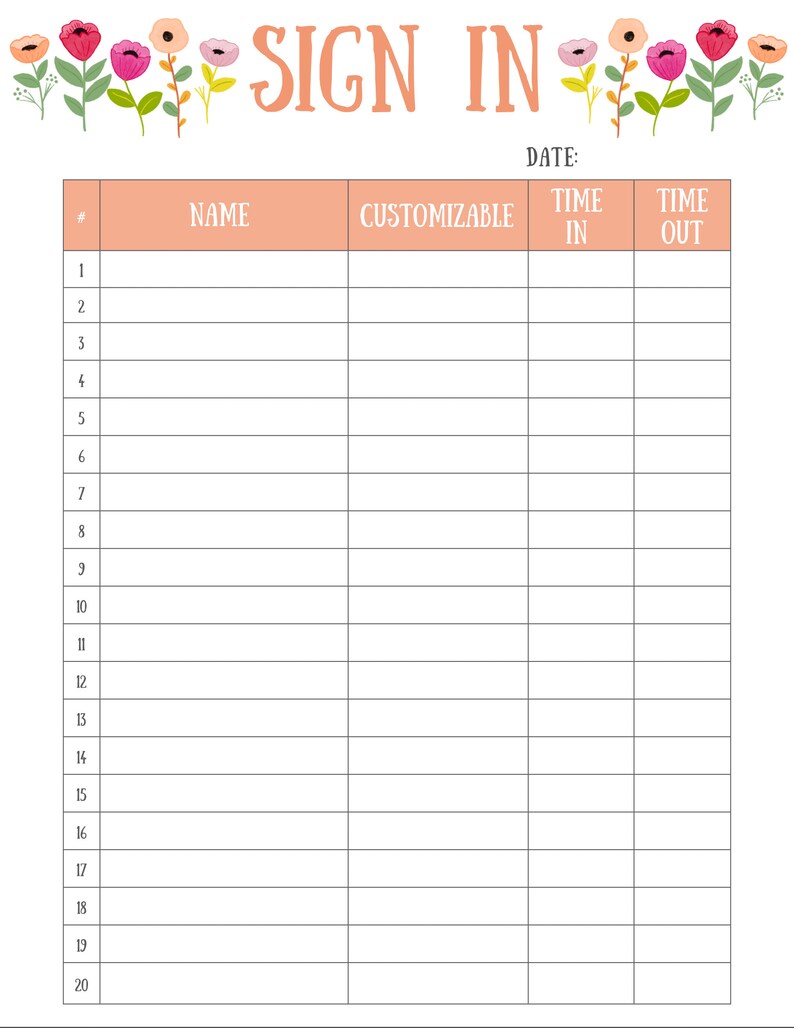 Sign in Sheet Template, Sign in Sheet Spring, Canva Template, School ...