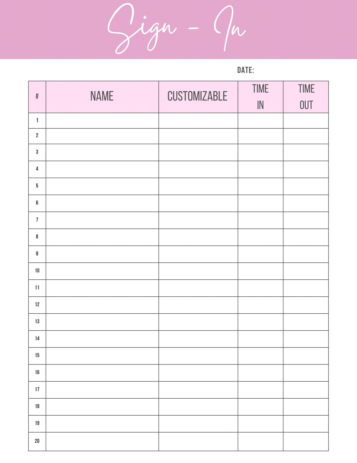Editable Sign in Sheet, Instant Download, Sign in Sheet, Canva Template ...