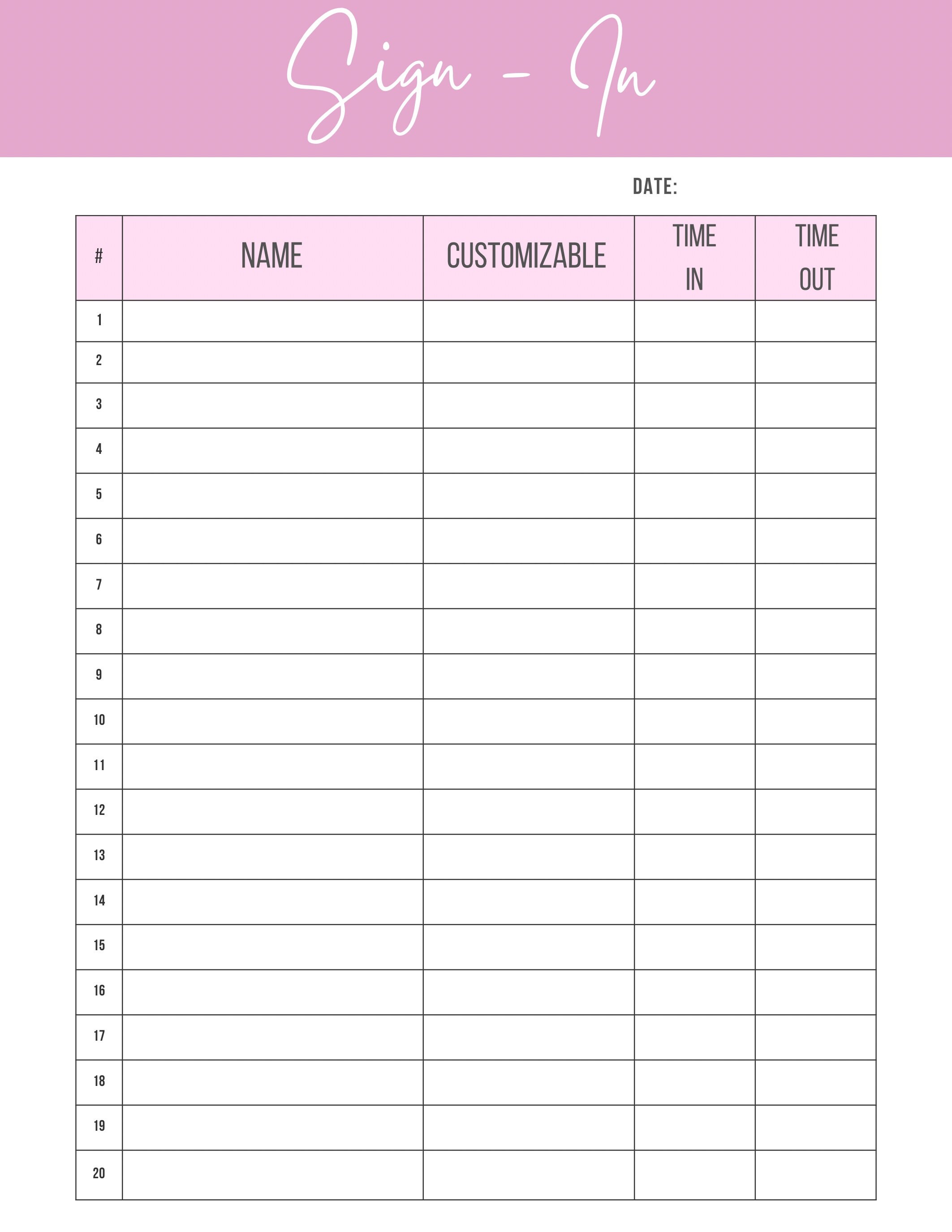 Editable Sign in Sheet, Instant Download, Sign in Sheet, Canva Template ...