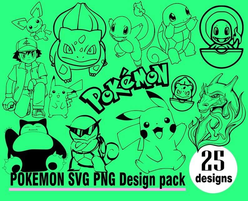 Pokemon SVG PNG 25 Design Pack Anime Pikachu Ash Charizard Squirtle ...