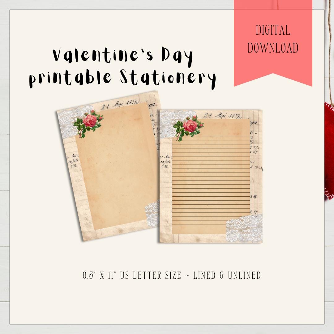 Vintage Printable Valentines Day Stationery Paper Set, US Letter Size ...
