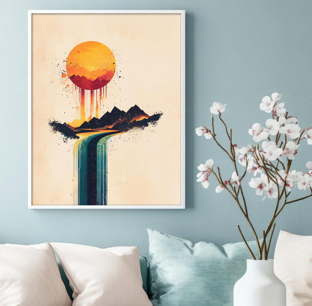 Golden Sun and Mountain Path Art Print – Abstract Watercolor Digital ...