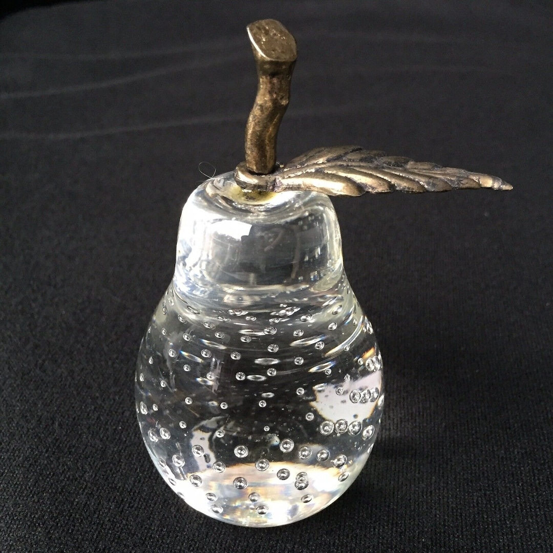 Art Glass Paperweight Pear Shape Clear Controlled Bubbles Metal Stem ...
