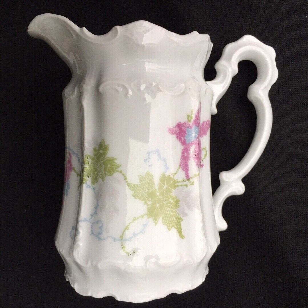 Vintage Creamer Pitcher Pink Floral Flower Ornate Embossed Elegant Milk ...