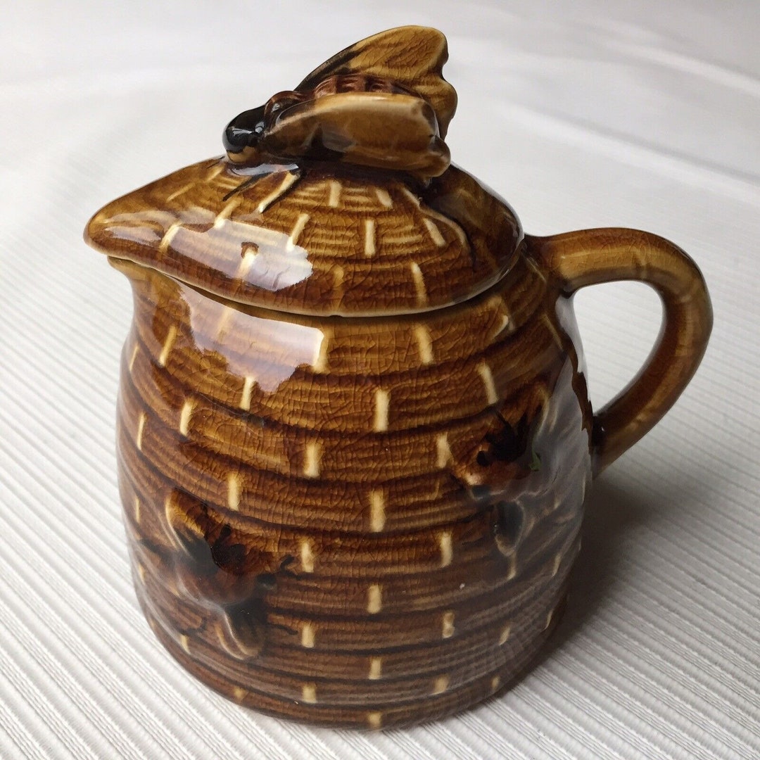 Honey Bee Hive Shape Creamer Pitcher Brown Ceramic Glazed Cork Stopper ...