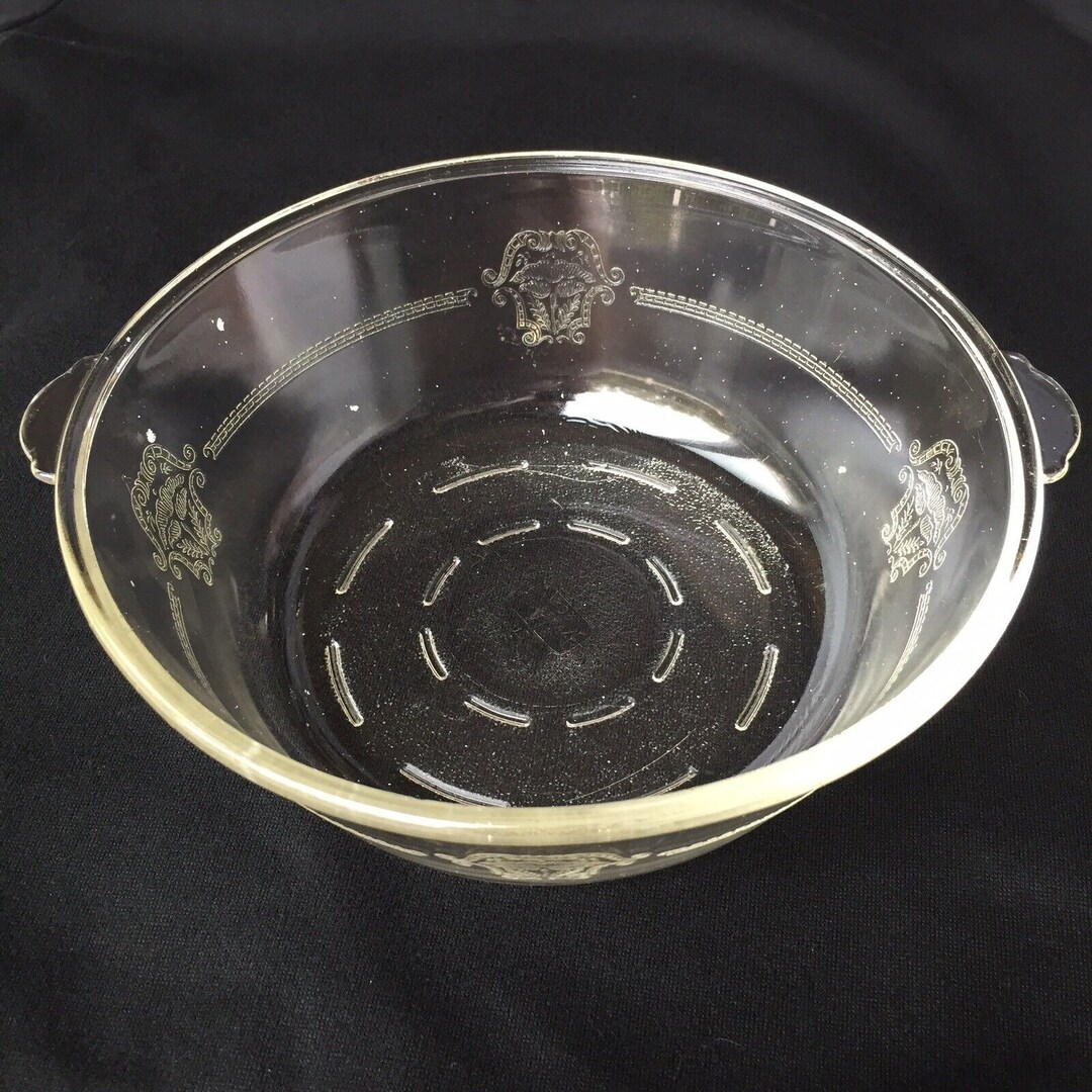 Glasbake Casserole Dish Clear Glass Serving Bowl Etched Crest Handles ...