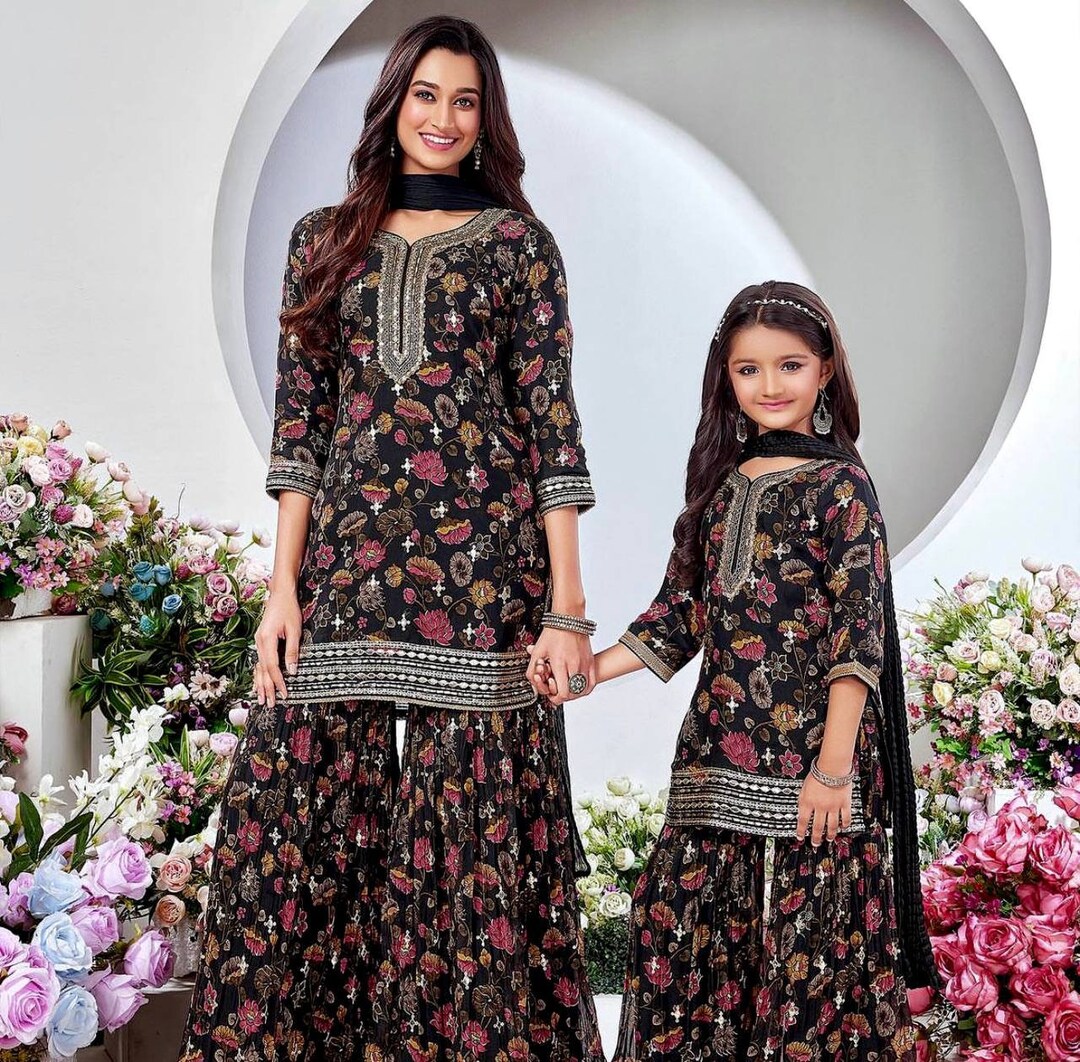 Black Flower Print Mother Daughter Matching Luxury Sharara Suit, Mommy ...