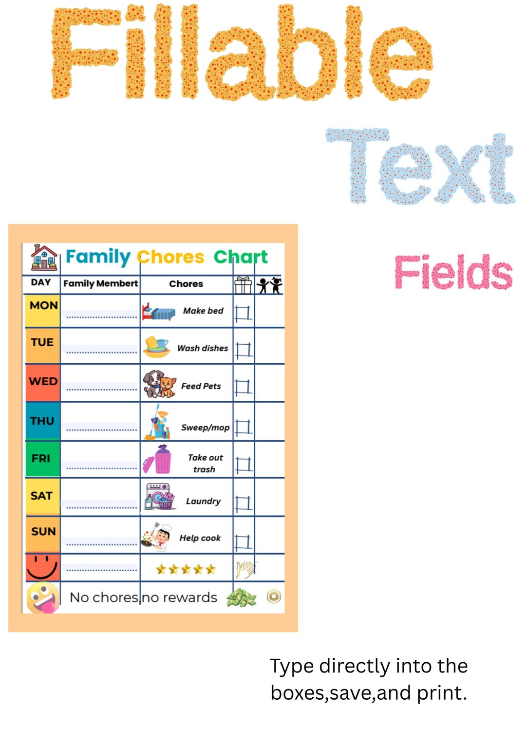 FILLABLE Pdf.family Chores Chart Printable A4 | Kids Weekly Chore Chart ...
